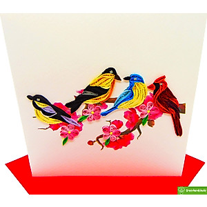 Four Colorful Birds sitting in a tree, Quilling Card 3D,Unique Dedicated Handmade, Design Greeting Card for Birthday, Valentine's Day, Mothers Day, Spring, Fathers Day, All Occasion,6"x6"