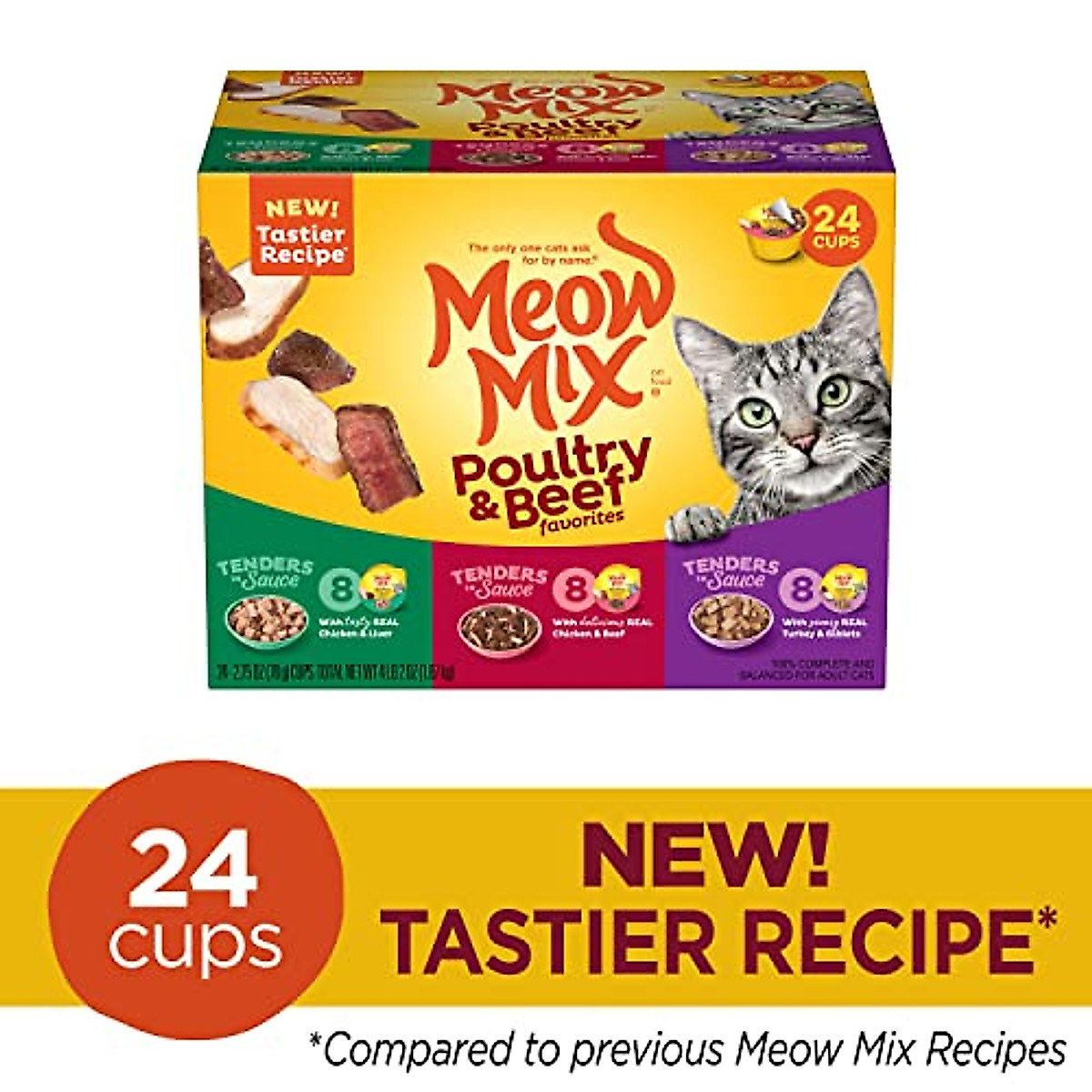 Meow Mix Tender Favorites Wet Cat Food, Poultry & Beef Variety Pack, 2.75 Ounce Cup (Pack of 24) (Packaging May Vary)
