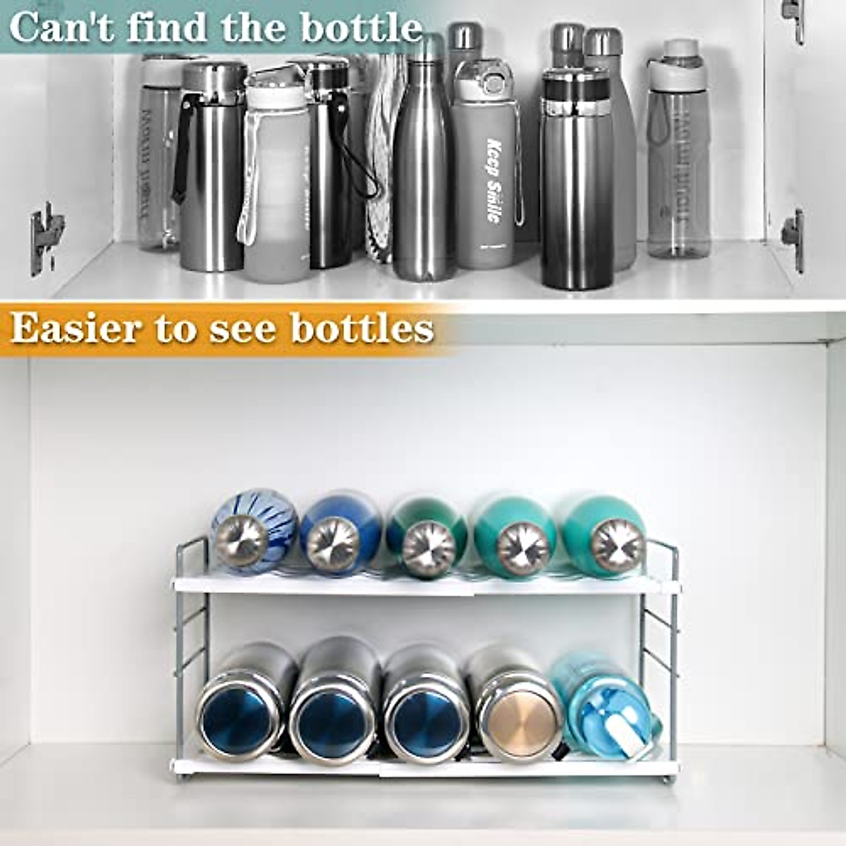 Water Bottle Organizer For Cabinet, Expandable Water Bottle Holder Rack, Adjustable Tumbler Storage For Kitchen Organization, 2 Tier Cup Organizer For Sports Flask Insulated Travel Mug Fridge, White