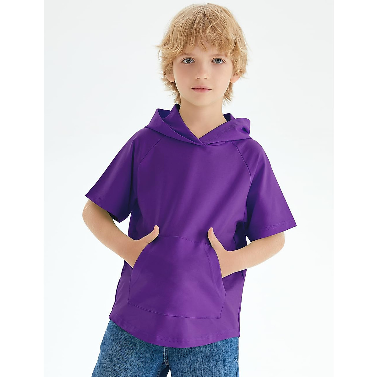 Spring&Gege Boys Light Weight Short Sleeve Hoodie Casual Solid Pullover Hooded T-shirt with Pocket, Purple, 9-10 Years