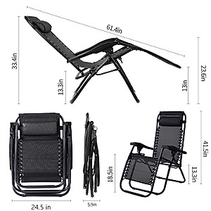 VTOY Zero Gravity Folding Reclining Lounge Chair with Pillow,Adjustable Reclining Patio Chairs,Side Table for Home/Office/Camping/Pool Yard with Cup Holder (Black)