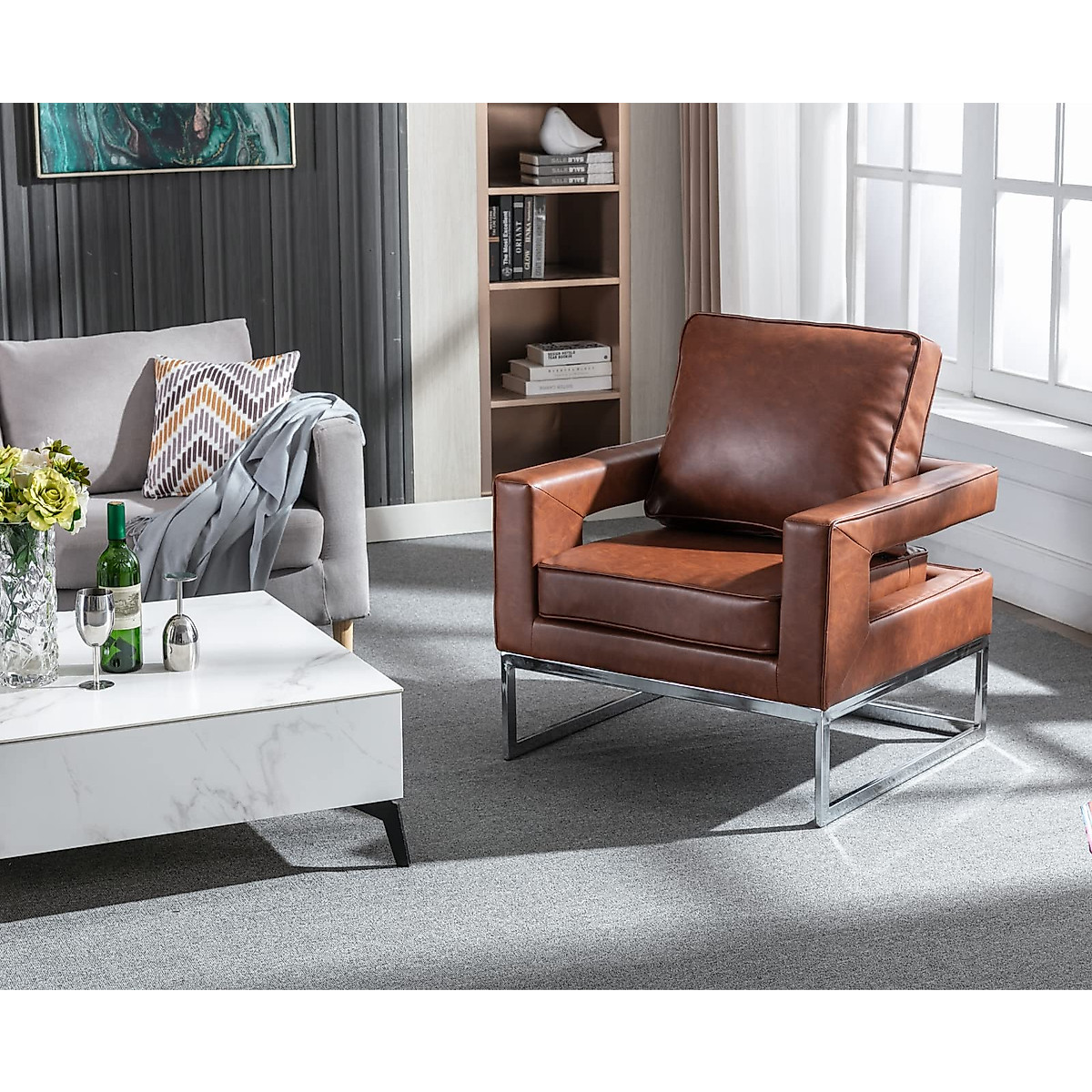 CIMOO Leather Accent Chair with Back for Living Room, Modern Armchair for Bedroom Tufted Single Sofa Chair Upholstered Comfy Reading Chair Extra Wide Arm Chair with Sliver Legs, Brown