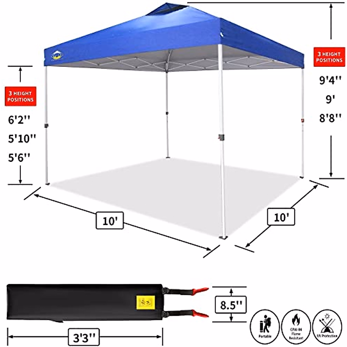 CROWN SHADES 10x10 Pop Up Canopy, Patented One Push Tent Canopy, Newly Designed Storage Bag, 8 Stakes, 4 Ropes, Blue