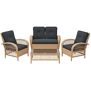 UPHA Patio Outdoor Furniture Set, Beige PE Rattan Patio Conversation Sets, 4 Pieces Wicker Patio Set with Loveseat, 2 Chairs, Coffee Table and Cushions for Backyard, Porch,Darkgrey