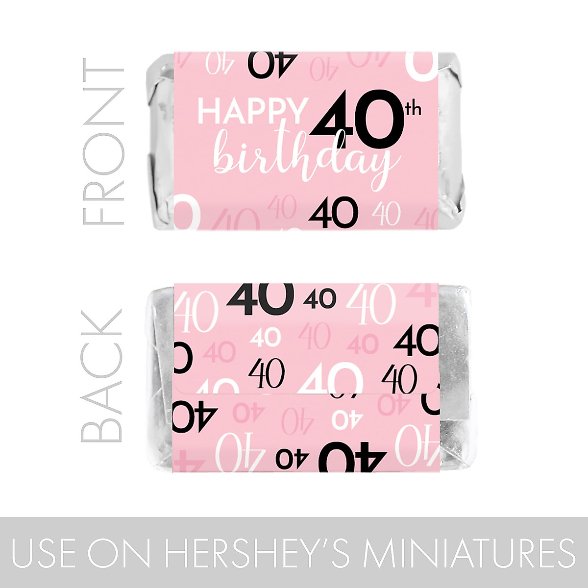 DISTINCTIVS Pink, Black, and White 40th Birthday Party Mini Candy Bar Wrappers - 45 Count, Pink Birthday Decorations for Women