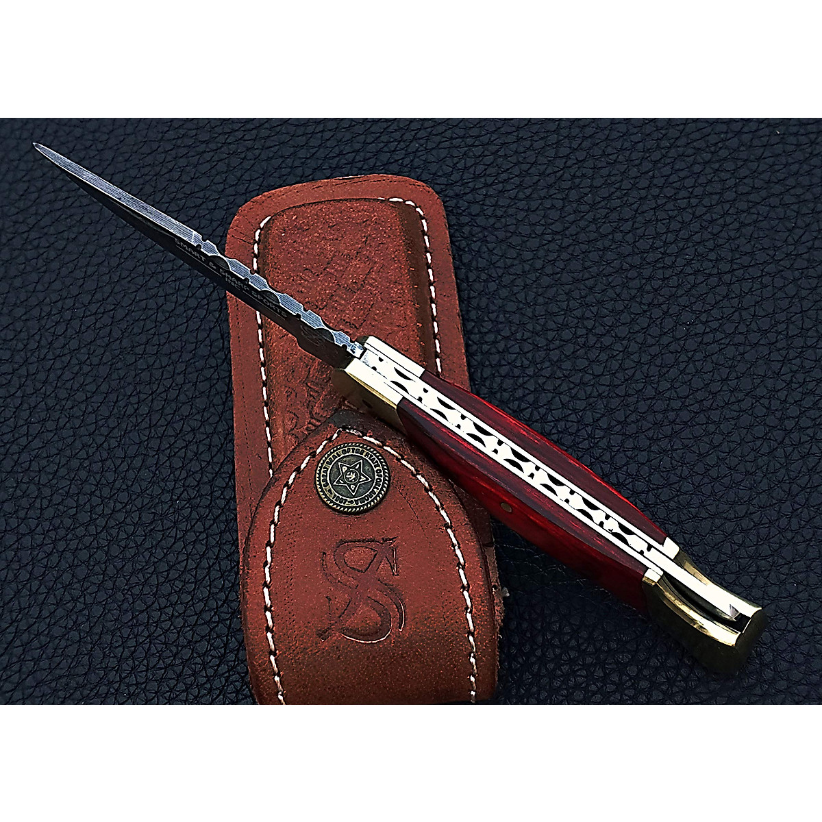 Smart & Sharp Custom Handmade Damascus Steel Folding Knife/Pocket Knife AR-17394 (Red Colored wood) (Red)