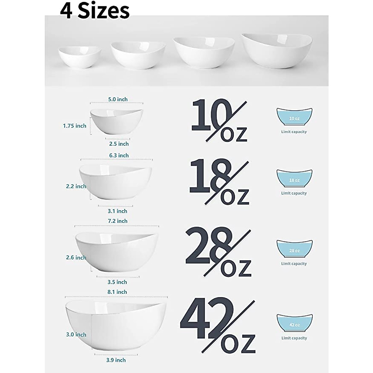 Sweese 104.401 Porcelain Bowls - 42 Ounce for Salad, Fruits and Popcorn - Set of 4, White