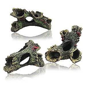Lainrrew 3 Packs Aquarium Decorations Hollow Tree Trunk, Fish Tank Decorations Betta Fish Ornaments Resin Aquarium Log Caves Wood Hideout with Holes for Betta, Turtles, Reptiles
