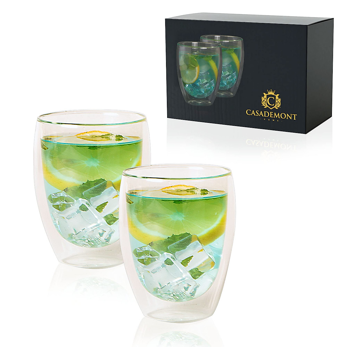Casademont Drinking Glasses (12 ounce), Set of 2 Double Walled Clear Glass Drinkware for Espresso Tea and Juice Clear Glass Thermo Insulated Coffee and Tea Cup Set