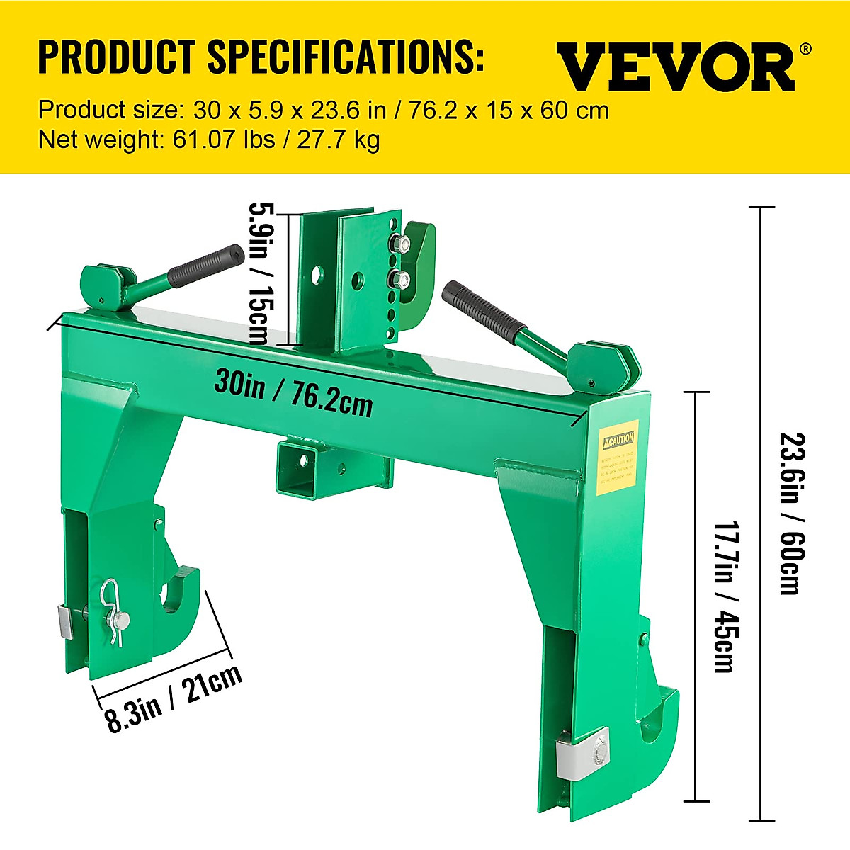 VEVOR 3-Point Quick Hitch, 3080 LBS Lifting Capacity Tractor Quick Hitch, 27.5" Between Lower Arms Attachments Quick Hitch, No Welding & 5 Level Adjustable Bolt, Adaptation to Category 1 & 2 Tractors