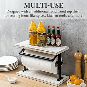 MyGift Freestanding Matte Black Metal Paper Towel Roll Holder with Shabby Chic Whitewashed Wood Top Display Shelf and Base, Kitchen Countertop Towel Dispenser Storage Rack