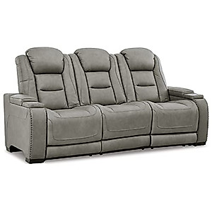 Signature Design by Ashley The Man-Den Leather Power Reclining Sofa with Adjustable Headrests & Wireless Charging, Gray