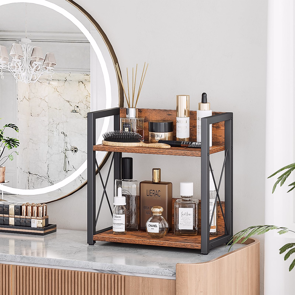 Giikin Counter Shelf Organizer, 2 Tier Kitchen Spice Rack for Countertop, Wood Coffee Counter Organizer for Home (Rustic Brown)