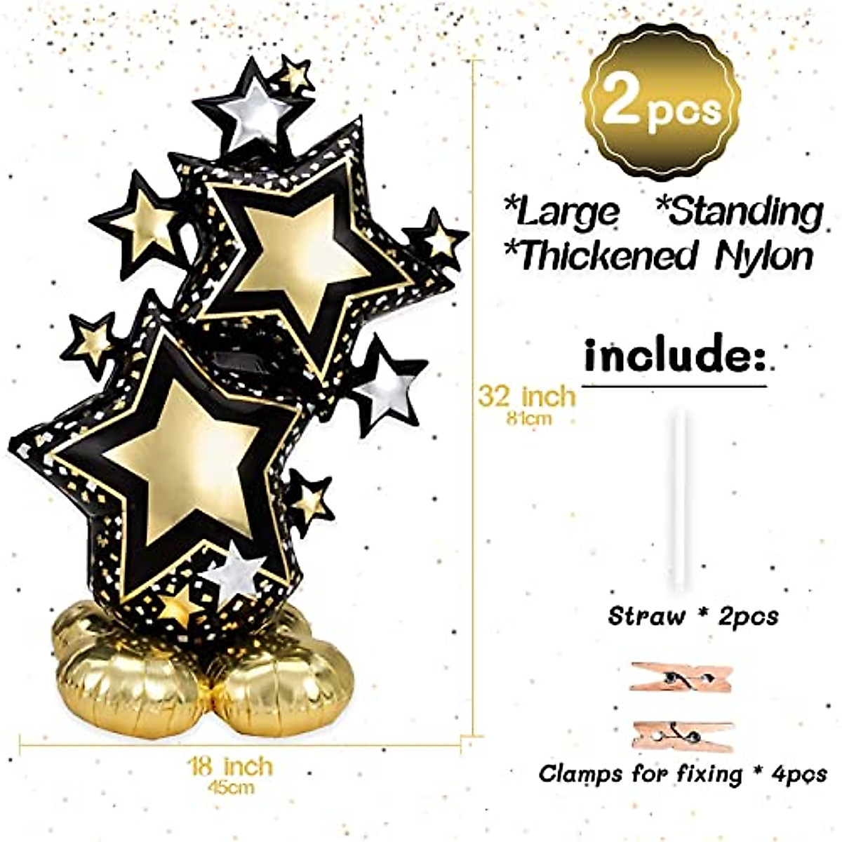 Black Gold Star Balloons, 2 Pcs Standing Foil Star Balloon, 32 Inch Thickened Large Mylar Star Balloons for Birthday Party Graduation Baby Shower Anniversary Engagement Bachelorette Decorations