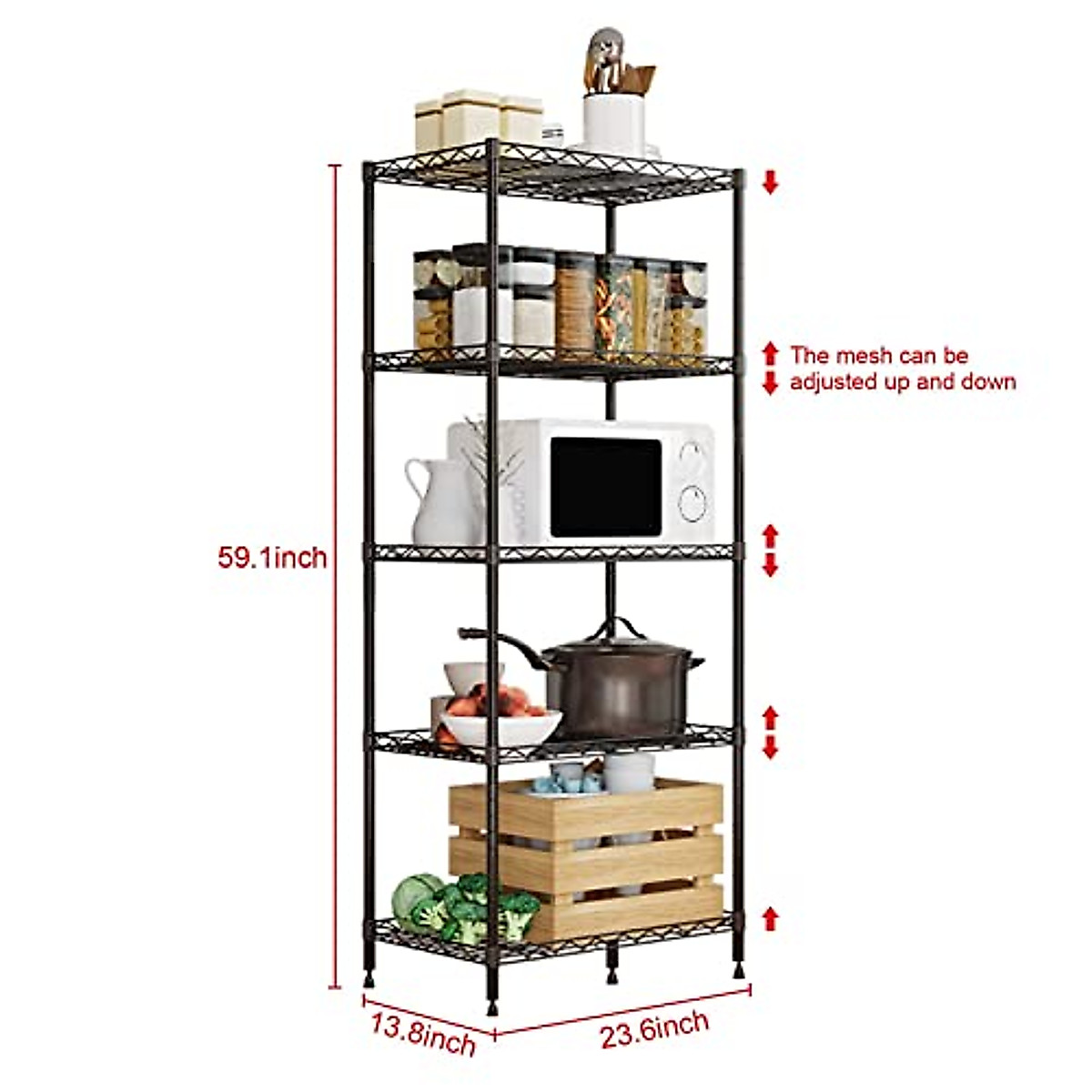SsngygHme 5 Tier Storage Shelf Wire Shelving Unit Storage Rack Metal for Kitchen Organization, with Leveling Feet, Black (5 Tier)