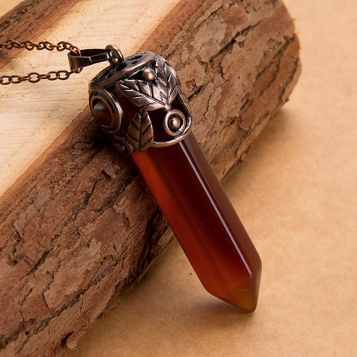 Bivei Crystal Necklace Men Women Red Agate Chakra Crystals and Healing Stones Necklaces Retro Antique Brass Hexagonal Prism Gemstone Quartz Rock Pendant Witch Vampires Jewelry Gift (Red Agate)