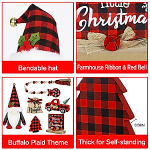 Christmas Tiered Tray Decor Set - Christmas Decorations Indoor, Rustic Farmhouse Wood Bead Garland Buffalo Plaid Gnome Christmas Wooden Sign for Home Kitchen Table Mantel Party Decor