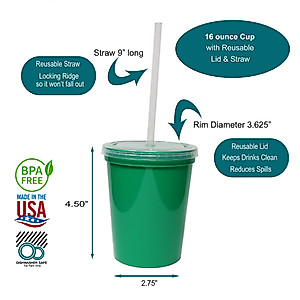 Rolling Sands 16 Oz. Reusable Plastic Stadium Cups with Lids, 6 Pack, USA Made Plastic Tumblers and Lids, Includes 6 Reusable Straws; Dishwasher Safe, Green