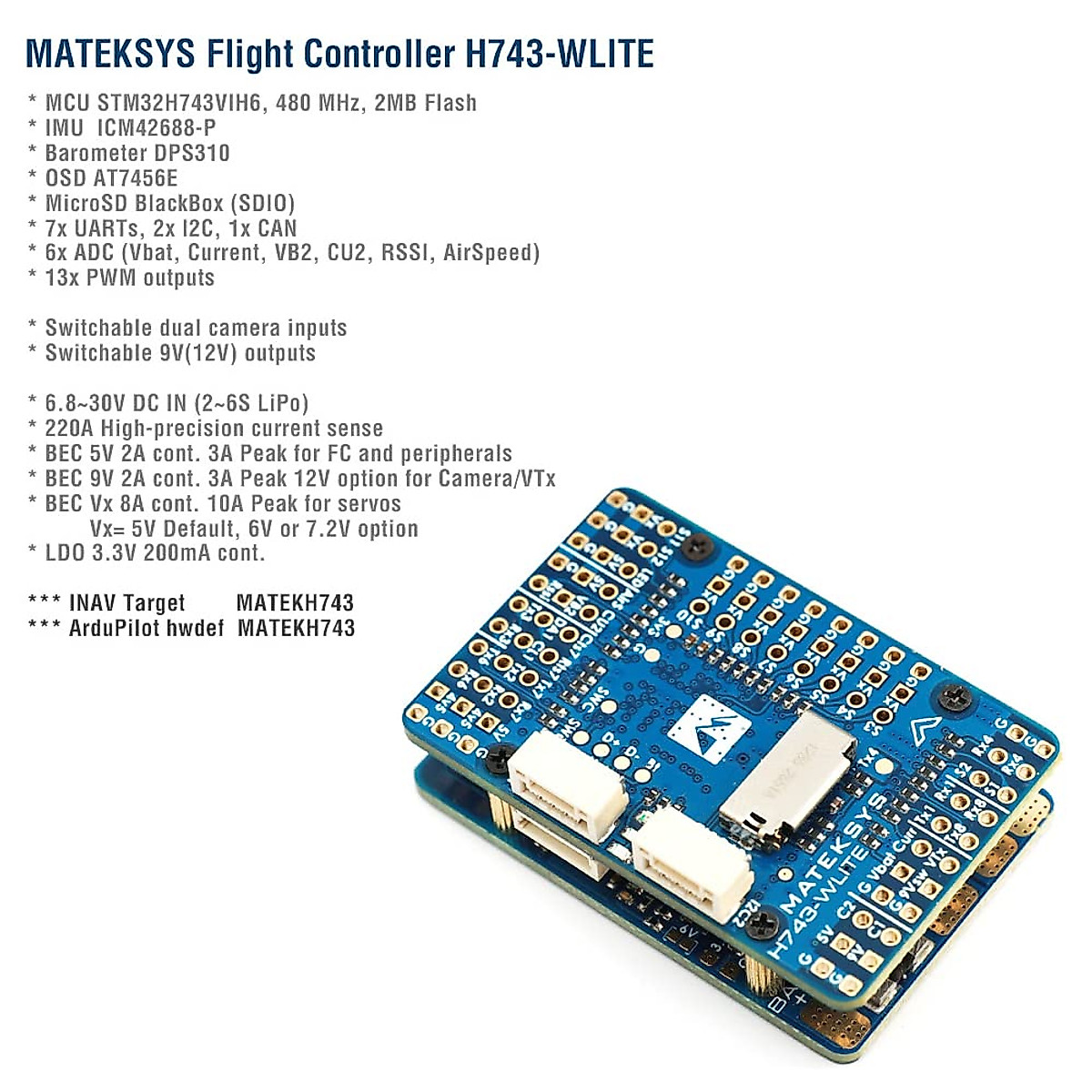 Mateksys Matek H743-WLITE Flight Controller STM32H743VIH6 ICM42688-P DPS310 OSD MicroSD Blackbox F765 wse Updated H743-WLITE