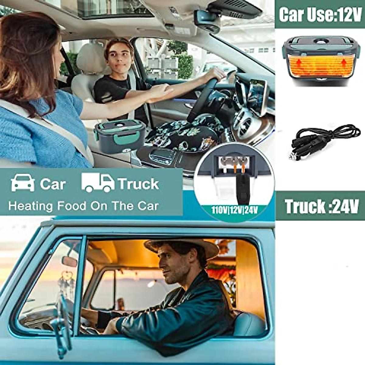 Vegoran Electric Lunch Box Food Heater,2 in 1 Portable Faster Food Warmer with 1.5L Removable Stainless Steel Container for Car/Truck/Home Work Adults, 12v/24v/110v/60w (Dark Green)