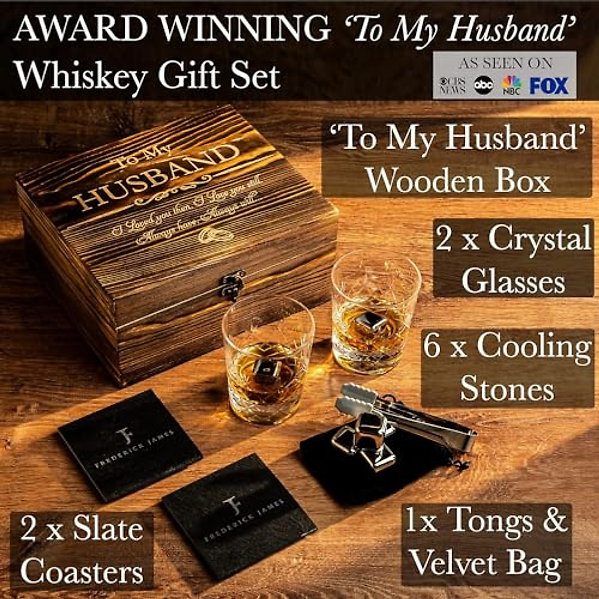 FJ FREDERICK JAMES Valentines Day Gifts for Him, Wedding Anniversary for Him, Anniversary for Husband from Wife - Crystal Whiskey Glass Set -Engraved 'to My Husband' inc. Box, Cooling Stones - fo