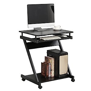 soges Small Rolling Computer Desk, Z Shape Laptop Desk Cart on Wheels, Mobile Computer Workstation for Home and Office with Keyboard Tray, Black