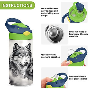 Kigai Gray Wolf Kids Insulated Water Bottle with Straw - Stainless Steel Travel Tumbler Double Wall Vacuum Leak Proof Kids Cup Hot for School Boys Girls
