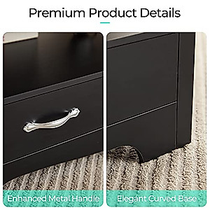LINSY HOME Farmhouse Coffee Table with Storage, Wood Coffee Table for Living Room, Open Display Area and Storage Drawers with Metal Handles, Chic Style with Curved Base, Black