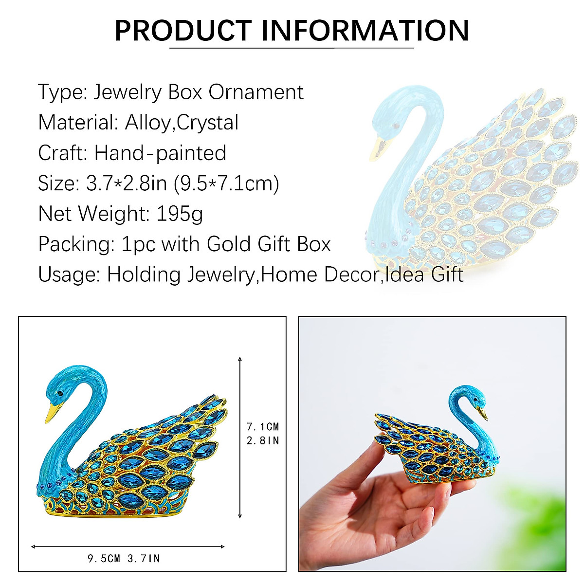 YU FENG 3.7inch Enamel Blue Gems Swan Trinket Box Hinged Hand-Painted Jewelry Storage Ring Holder Keepsake Box Animal Figurine Collectible Wedding Favor Gift