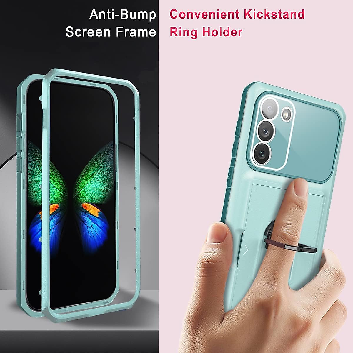 WATEFULL for Samsung Galaxy S23 Plus Case Wallet Card Holder with Kickstand Ring Holder,[Integrated Camera Cover] Samsung Galaxy S23 Plus Case Cover with Sliding Hidden Slot Shockproof Bumper(Teal)