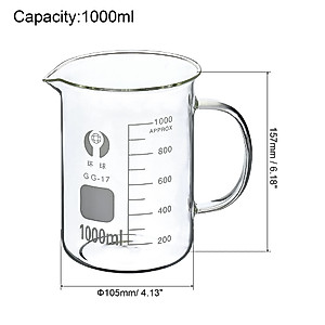 PATIKIL 1000ml Glass Beaker with Handle, 3.3 Borosilicate Glass Graduated Printed Scale Measuring Cups with Spout for Kitchen Lab Liquids Transit Boiling