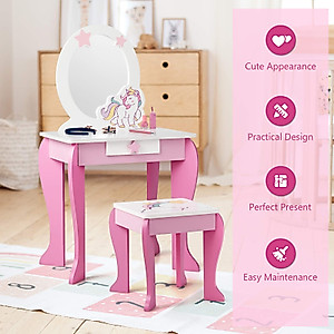 MAT EXPERT Kids Vanity Set with Stool & Mirror, Toddler Girls Pretend Play Vanity w/Detachable Mirror, Princess Dressing Makeup Table Set w/Drawer, Makeup Table and Stool Playset for Girls (Pink)