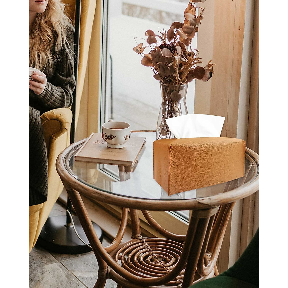 Tissue Box Cover Large Rectangular – Plus Size Leather Tissue Box Holder with Bottom Belt [JESMINI, Camel Brown] Long Rectangle Tissue Holder for Bathroom/Car/Office Decor