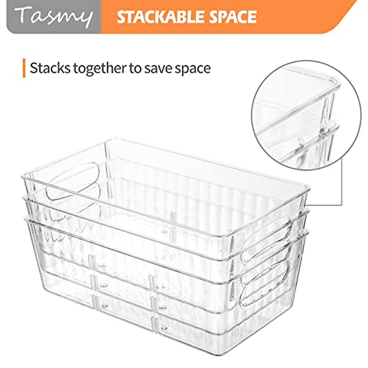 Tasmy Clear Plastic Pantry Organization and Food Storage Bin, Stackable Storage Box with Handle for Refrigerator, Kitchen, Countertops, Cupboard and Freezer Organization, BPA Free, Medium - Set of 6