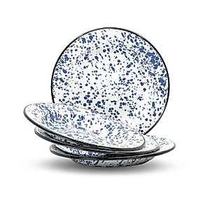 Red Co. Set of 4 Enamelware Metal Classic 8" Round Salad Plate, Navy Blue Marble/Black Rim - Splatter Design