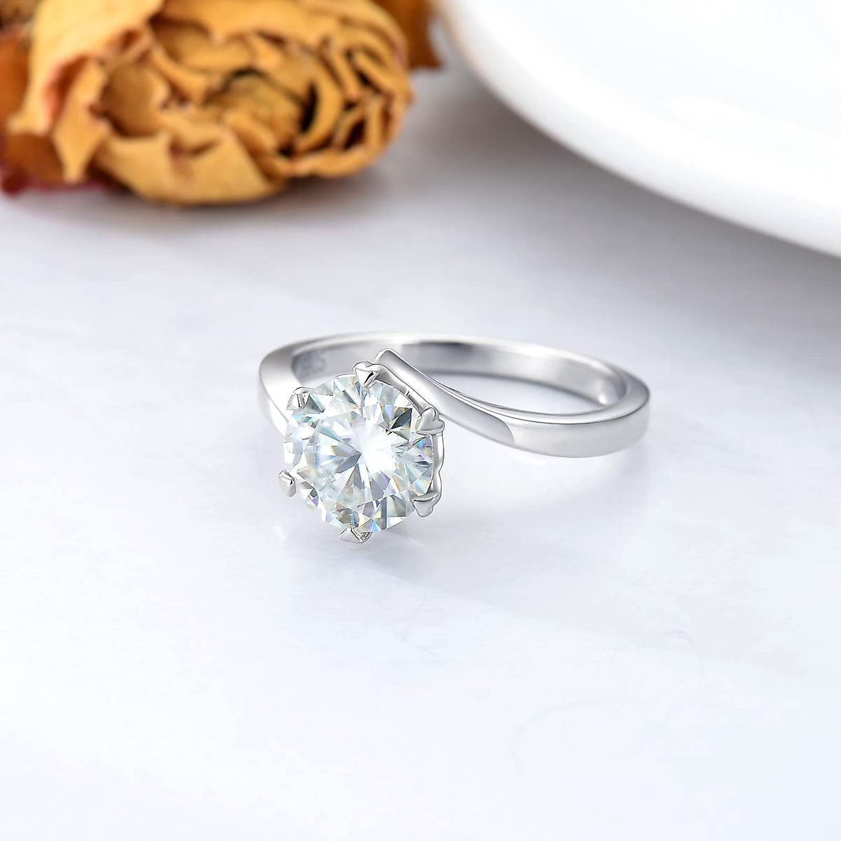 Flpruy 2CT Moissanite Engagement Ring 925 Sterling Silver 8.5mm Solitaire Round Cut White Gold Wedding Ring for Women Fiancée