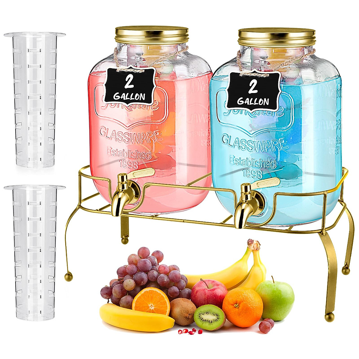 Lallisa 2 Pcs 2 Gallon Glass Drink Dispenser with Stand Ice Cylinder Hanging Chalkboard Signs 18/8 Stainless Steel Spigot Beverage Dispensers for Parties Mason Jar Drink Lemonade (Gold)