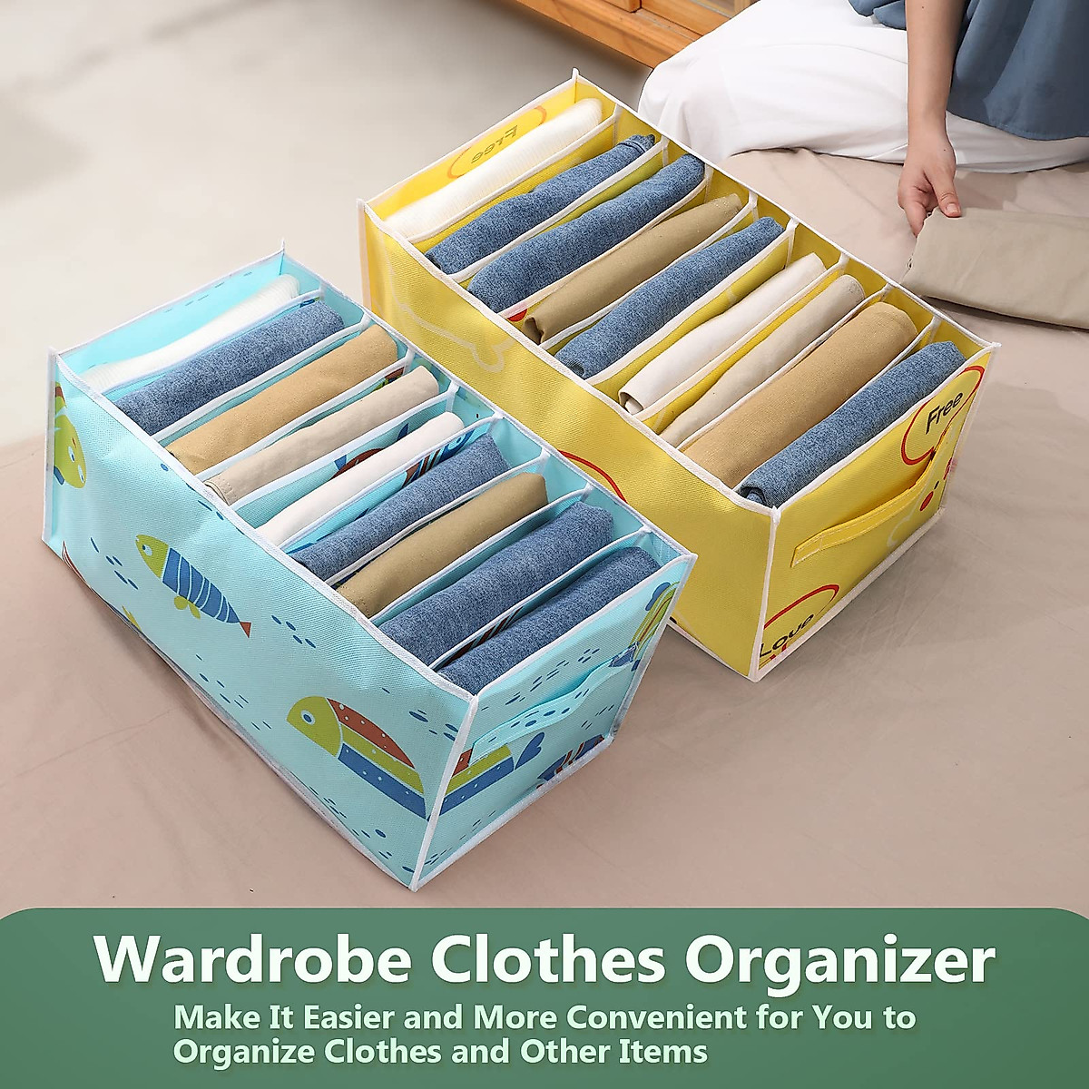 Upgraded Clothes Organizer for Folded Clothes, TIGARI Clothes Organizer for Closet, Compartment Storage Box for Jeans, Trousers, T-shirts