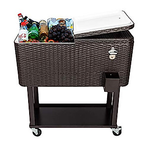 Goujxcy 80 Quart Qt Rolling Cooler Ice Chest Cart for Outdoor Patio Deck Party, Dark Brown Wicker Faux Rattan Tub Trolley, Portable Backyard Party Drink Beverage Bar Cooler,Brown