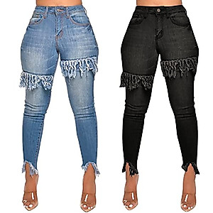 FairBeauty Women's Skinny Stretch Jeans Frayed Raw Hem Slim Fit Jeans Ripped Denim Pants Blue-a
