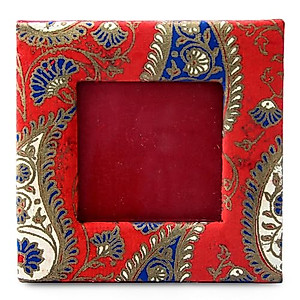 NOVICA Handmade Paper Photo Frame Red Blue Print India Decor Accessories 'Paisley Romance'