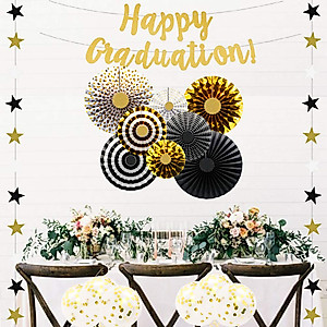 KAXXI Graduation Decorations 2023 Black and Gold, Happy Graduation Banners with Paper Fans Star Garland Confetti Balloons Set for Grad Party Supplies