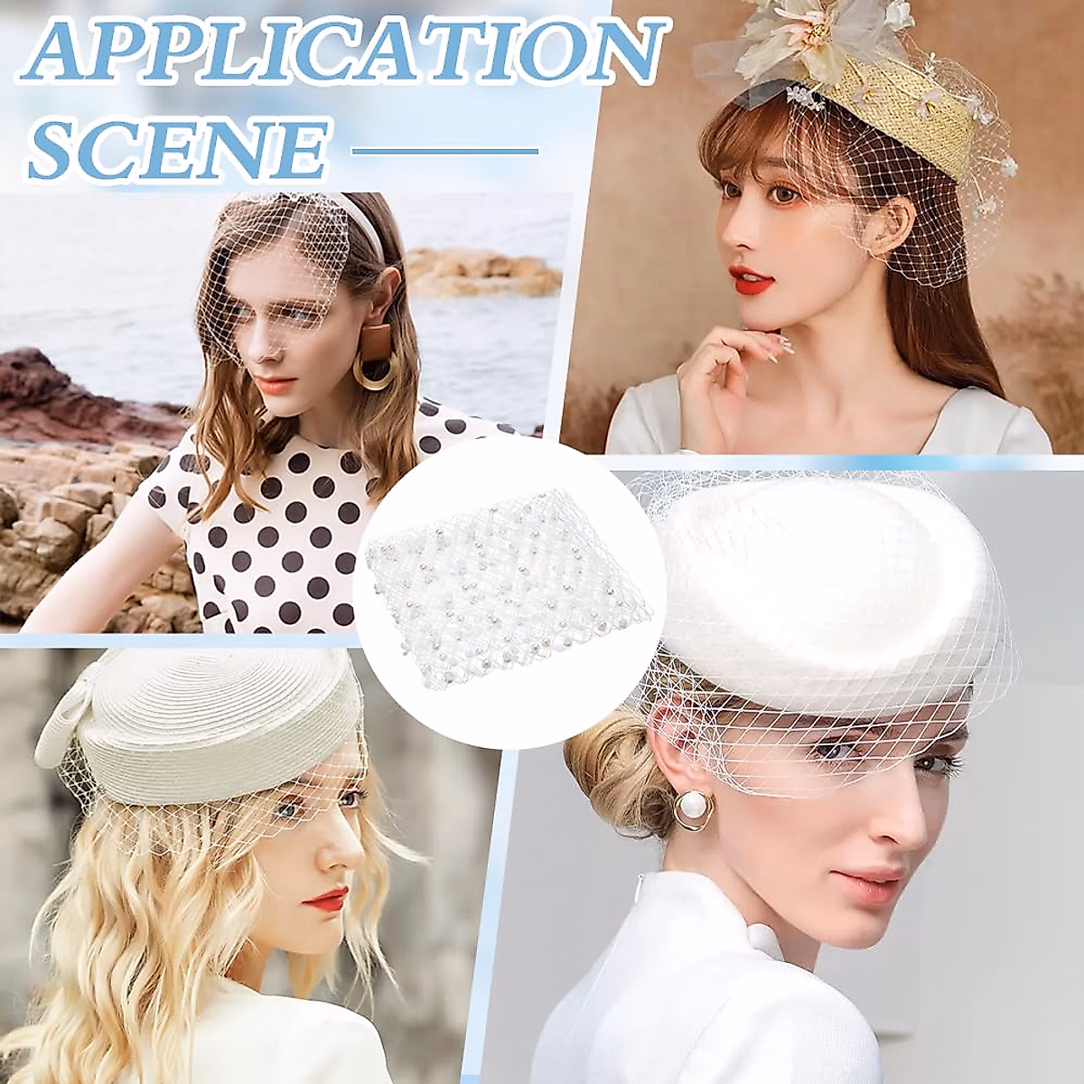 BENECREAT 0.56 Yard White Birdcage Veil Netting Fabric, 10.2 Inch Wide Millinery Netting Tulle Fabric Mesh Hat Veil with Pearl Bead for Wedding Decor, DIY Bridal Veil Dress