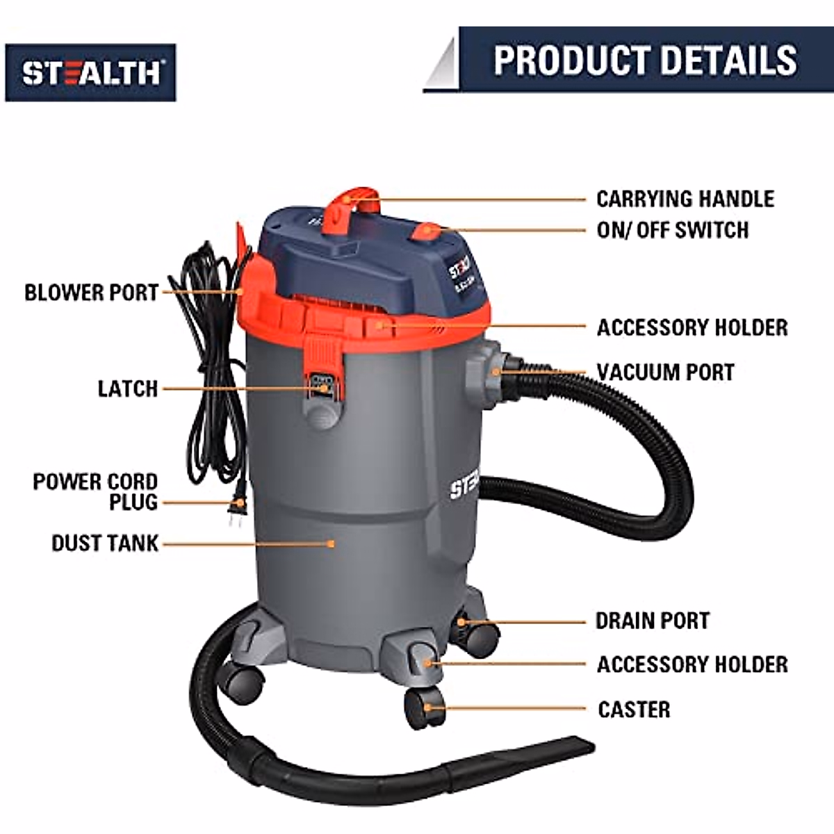 Stealth Wet Dry Vacuum Cleaner 8 Gallon, 5.5 Peak HP Shop Vacuum with Blower & Drain Port for Home, Garage, Car, Workshop, ECV08P1