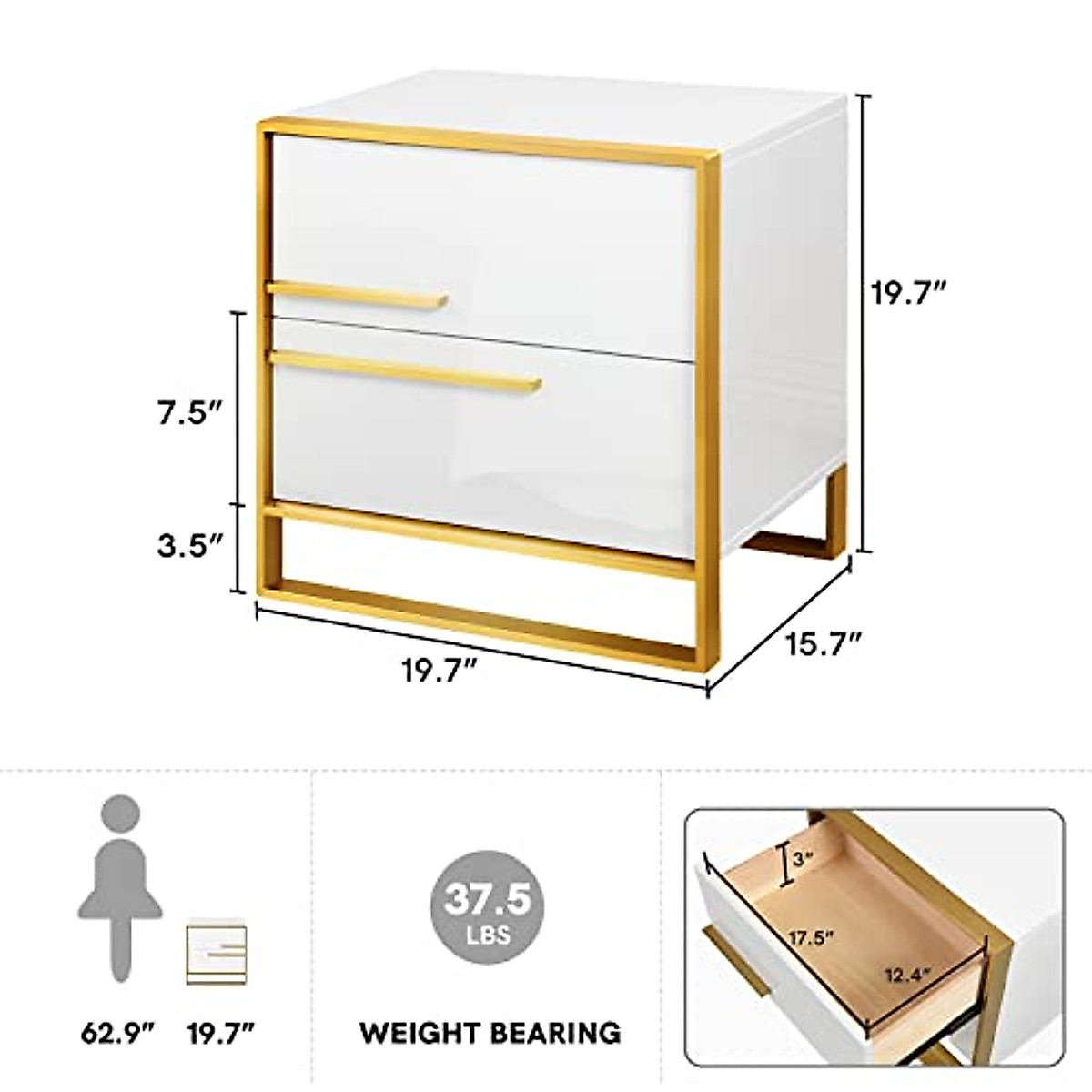 HERNEST Modern Nightstand Storage Cabinet with Solid Wood 2 Drawers Sofa Bedside End Table Glam Steel Frame Accent Furniture Without Assembly for Bedroom/Living Room/Salon/Office, Left White