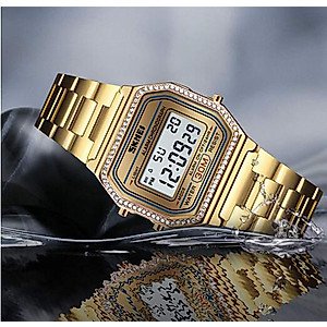 MASTOP Luxury Women Watches Full Steel Electronic LED Digital Fashion Ultra Thin Square Ladies Wrist Watches (Black) (Gold)