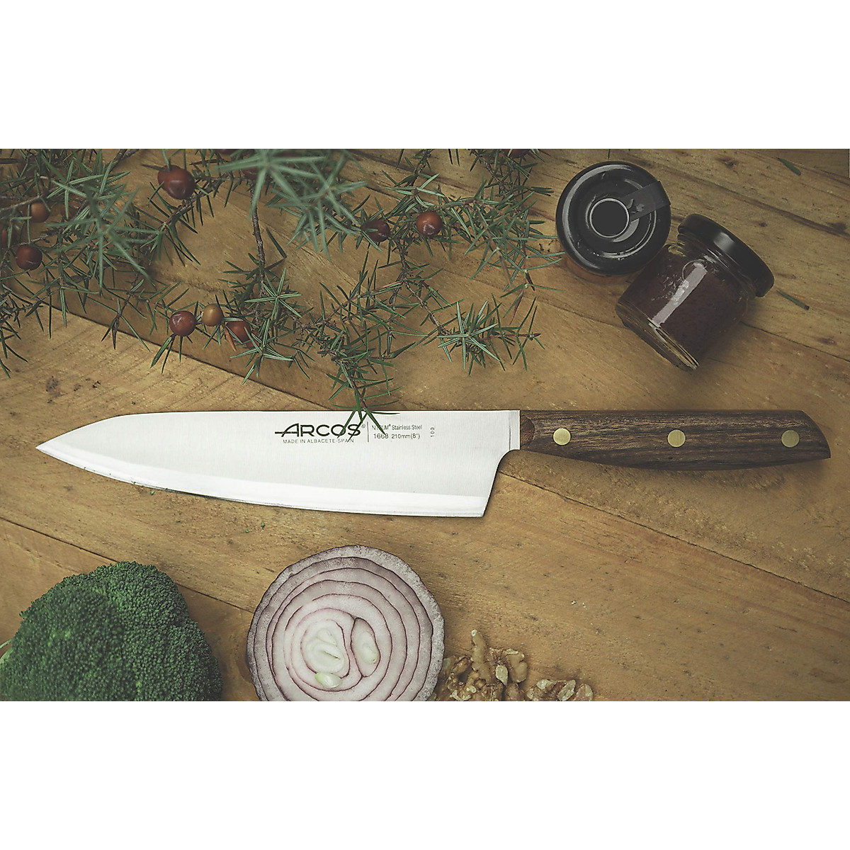 ARCOS Chef Knife 8 Inch Stainless Steel. Professional Kitchen Knife for Cooking. Ovengkol Wood Handle 100% natural FSC and 210 mm Blade. Series Nordika. Color Brown.