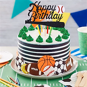 AHAORAY Baseball Happy Birthday Cake Topper - Black Glitter Baseball Party Decorations Supplies, Perfect for Birthday/Baseball Theme Party, Photo Booth Props