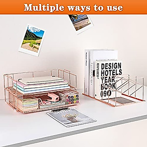 gianotter Desk Organizers and Accessories, Office Supplies Desk Organizer with Sliding Drawer, Double Tray and 5 Upright Section ​File Sorter Organizer (Rose Gold)