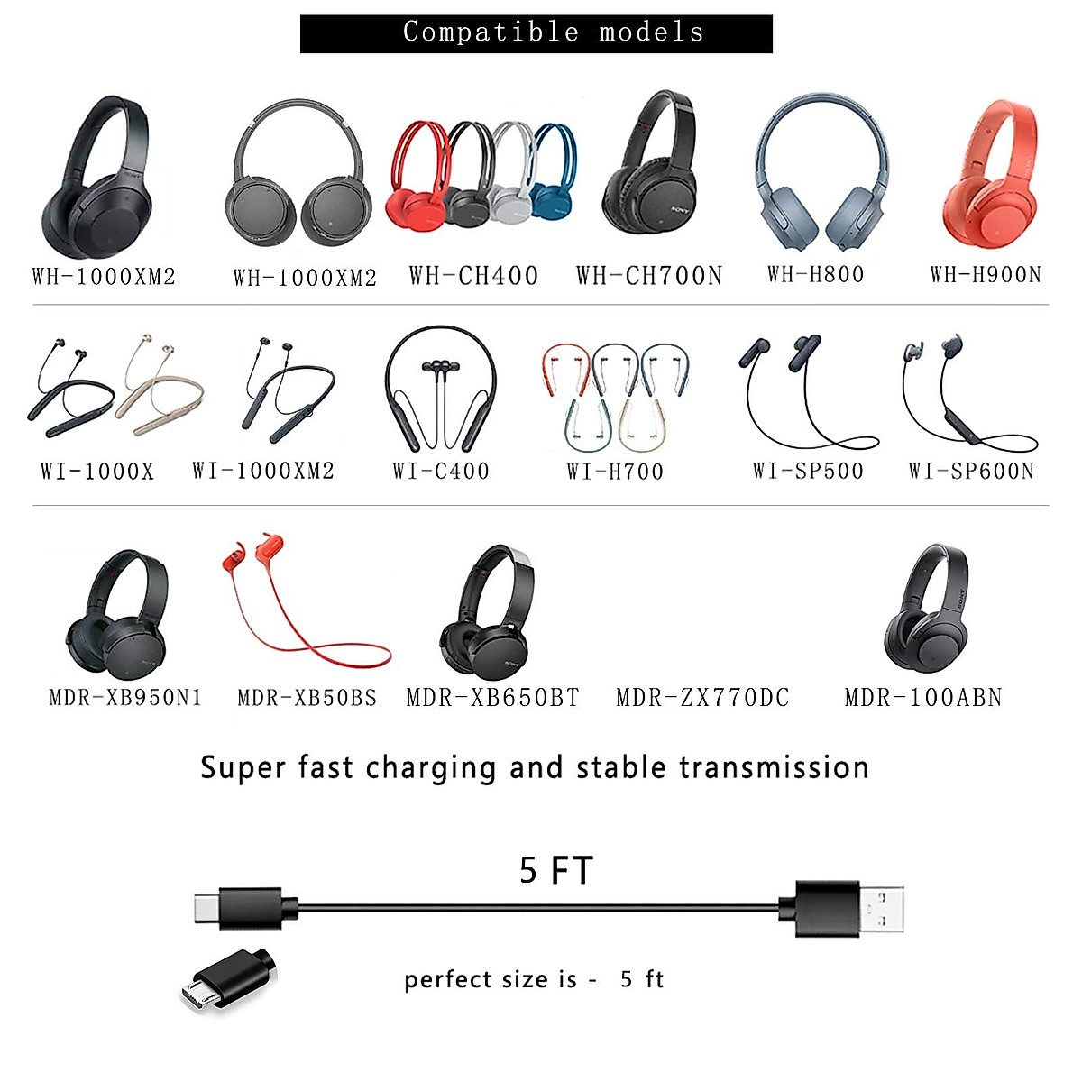 5ft Wireless Earbuds Charger Charging Micro-USB Cable Cord for Sony WH-H900N WH-1000XM2 WH-CH700N WI-1000X/C400/H700, MDR-XB650BT/1000X/ZX770DC/XB950BT Headphones and More Bluetooth Speakers USB Cable